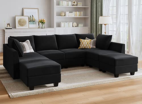 HONBAY Flexible Modular U Shaped Sofa, Black, Wood, 112.60 x 81.50 x 33.90 in