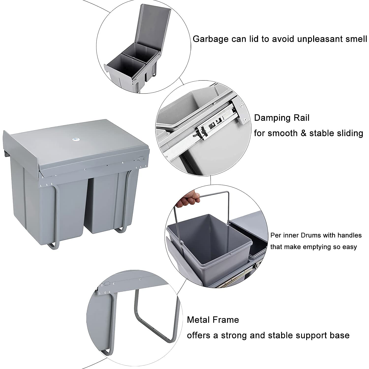 Nisorpa 40 Liter / 10.6 Gallon Dual Pull Out Trash Cans Under Cabinet Counter/Sink with Lid - Commercial Garbage Can Recycling Container Kitchen Waste Bins - Soft-Close Slides Out & Fixable Base, Gray