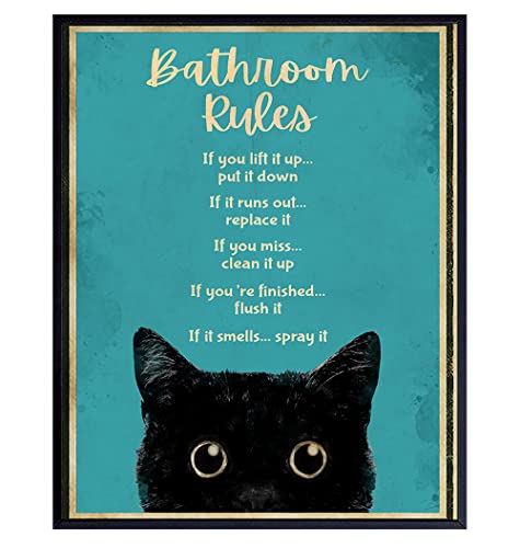 Bathroom Rules Wall Decor - Cat Bathroom Decor - Funny Bathroom Wall Art - Bath Wall Decor - Powder Room - Guest Bathroom - Restroom Sign - Blue Bathroom Decorations for Women, Kitty, Kitten Fan