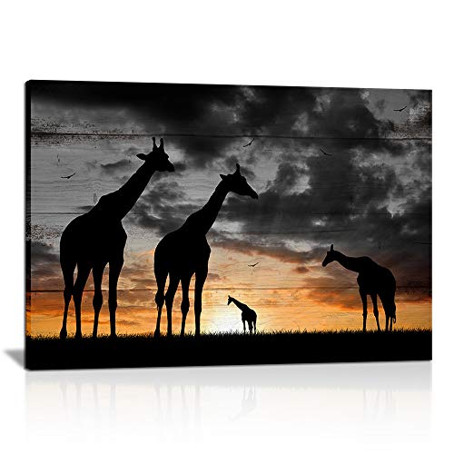 SkenoArt Giraffes Canvas Wall Art Africa Golden Sunset Landscape Poster Animal Family Picture Prints Black and White Poster Wall Decoration for Home Living Room Bedroom Bathroom Decor 16"x24"