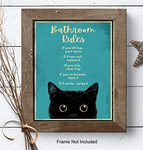 Bathroom Rules Wall Decor - Cat Bathroom Decor - Funny Bathroom Wall Art - Bath Wall Decor - Powder Room - Guest Bathroom - Restroom Sign - Blue Bathroom Decorations for Women, Kitty, Kitten Fan