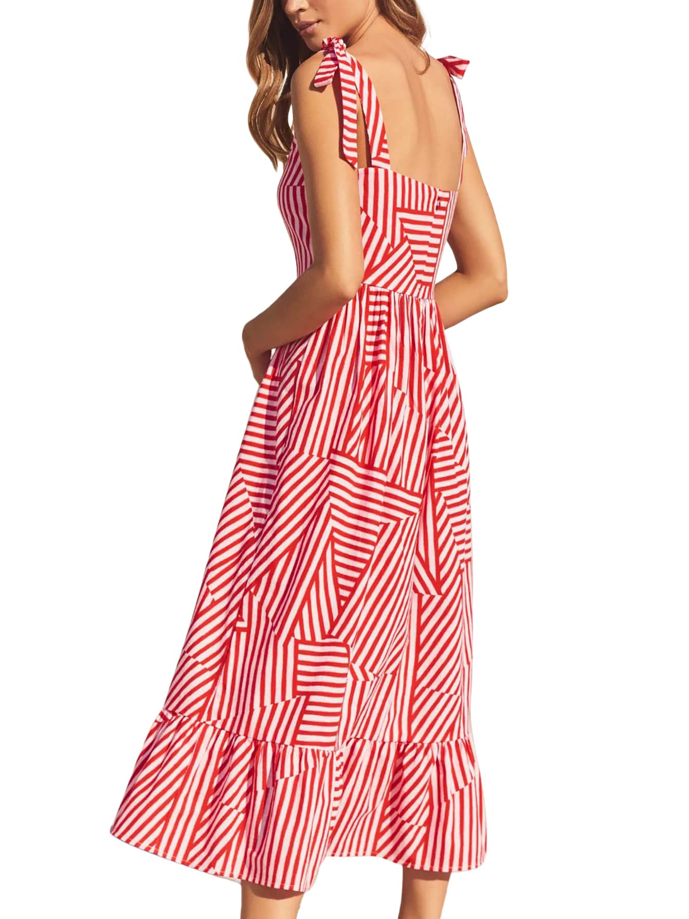 Rooscier Women's Striped Printed Tie Shoulder Sleeveless Ruffle A Line Beach Long Dress Red Small