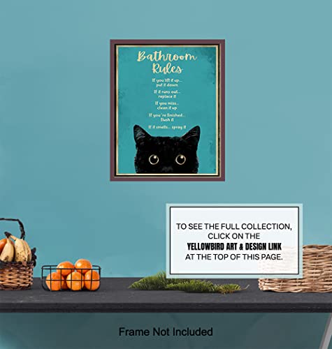 Bathroom Rules Wall Decor - Cat Bathroom Decor - Funny Bathroom Wall Art - Bath Wall Decor - Powder Room - Guest Bathroom - Restroom Sign - Blue Bathroom Decorations for Women, Kitty, Kitten Fan