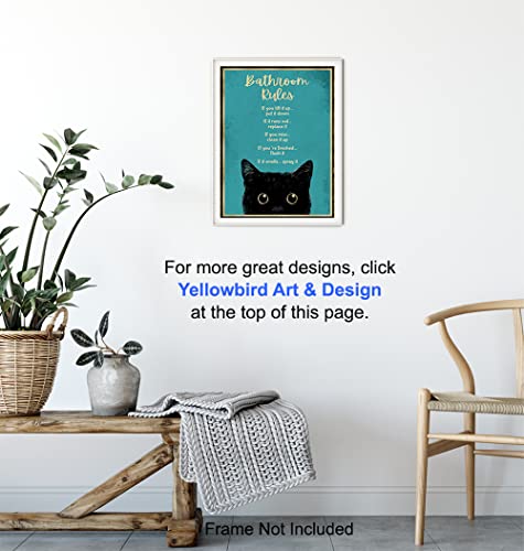 Bathroom Rules Wall Decor - Cat Bathroom Decor - Funny Bathroom Wall Art - Bath Wall Decor - Powder Room - Guest Bathroom - Restroom Sign - Blue Bathroom Decorations for Women, Kitty, Kitten Fan