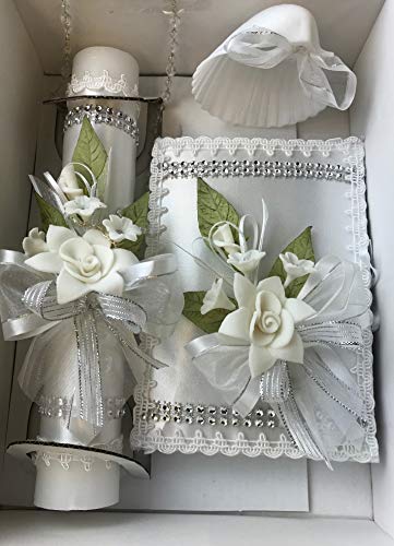 OOKi- Flower Cross Baptism Candle Set Kit for Christenings with Shell - Spanish (White)