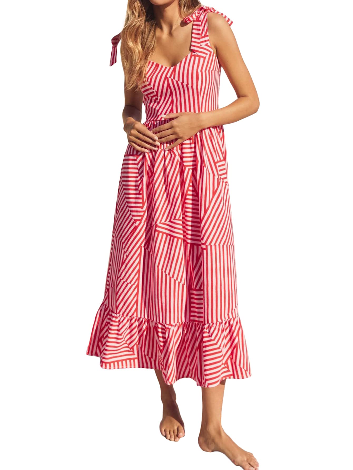 Rooscier Women's Striped Printed Tie Shoulder Sleeveless Ruffle A Line Beach Long Dress Red Small