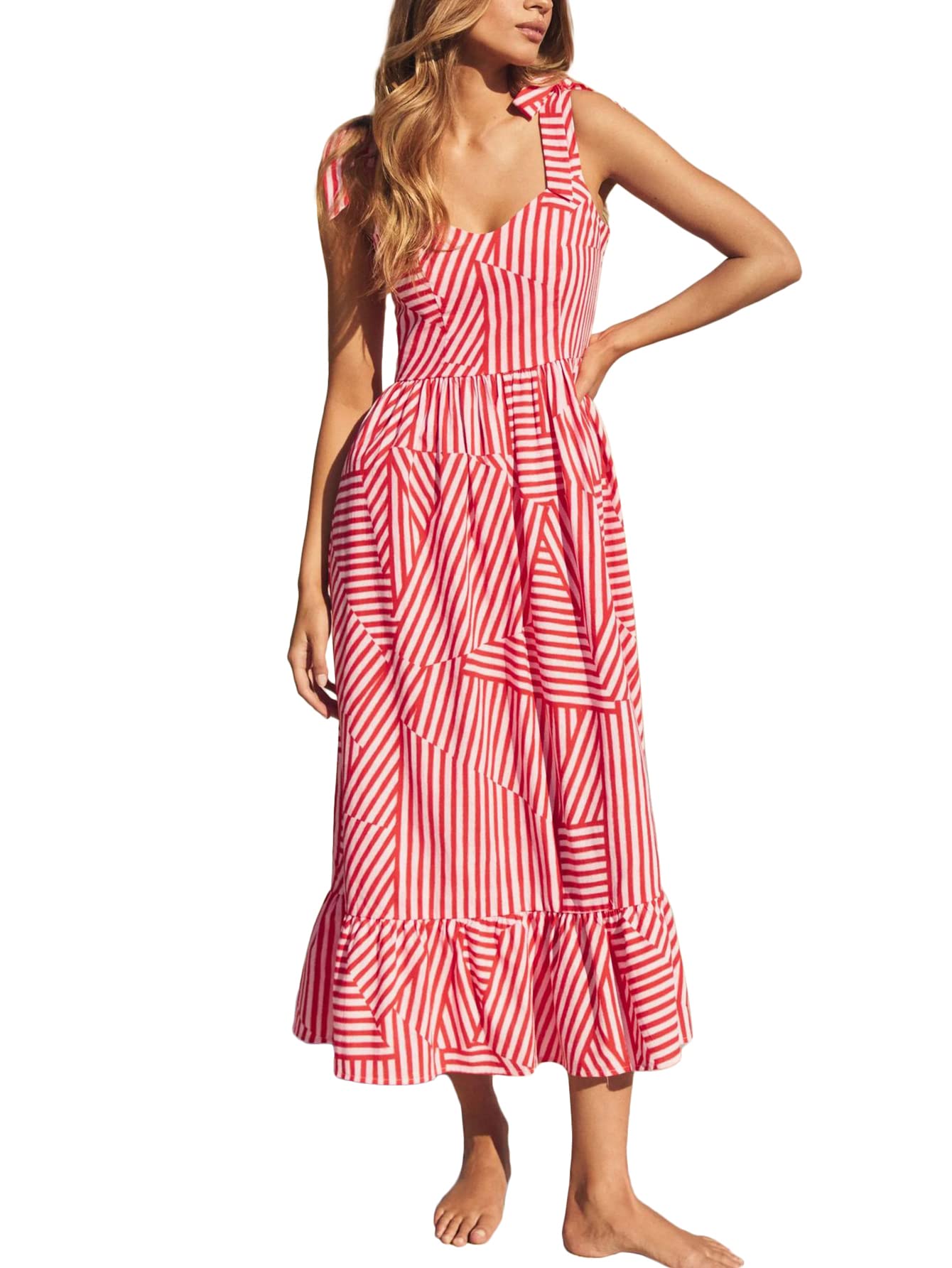 Rooscier Women's Striped Printed Tie Shoulder Sleeveless Ruffle A Line Beach Long Dress Red Small