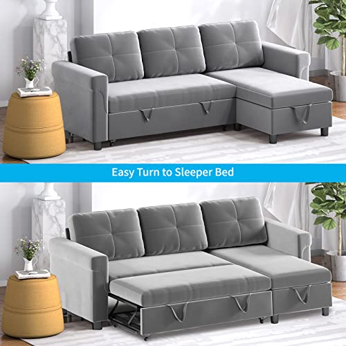Mjkone 3 Seat L-Shape Sectional Sofa Couch with Pull Out Bed and Reversible Storage Chaise, Modern 84 Inch Sleeper Sofa with Breathable Velvet Fabric for Living Room, Light Gray