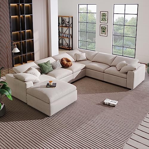 U Shaped Modular Sectional Sofa with Ottoman, 27.9'' Deep Seat Reversible Corner Couch with Detachable Cushion,Convertible Sofa&Couch Bed for Living Room, Office, Spacious Space