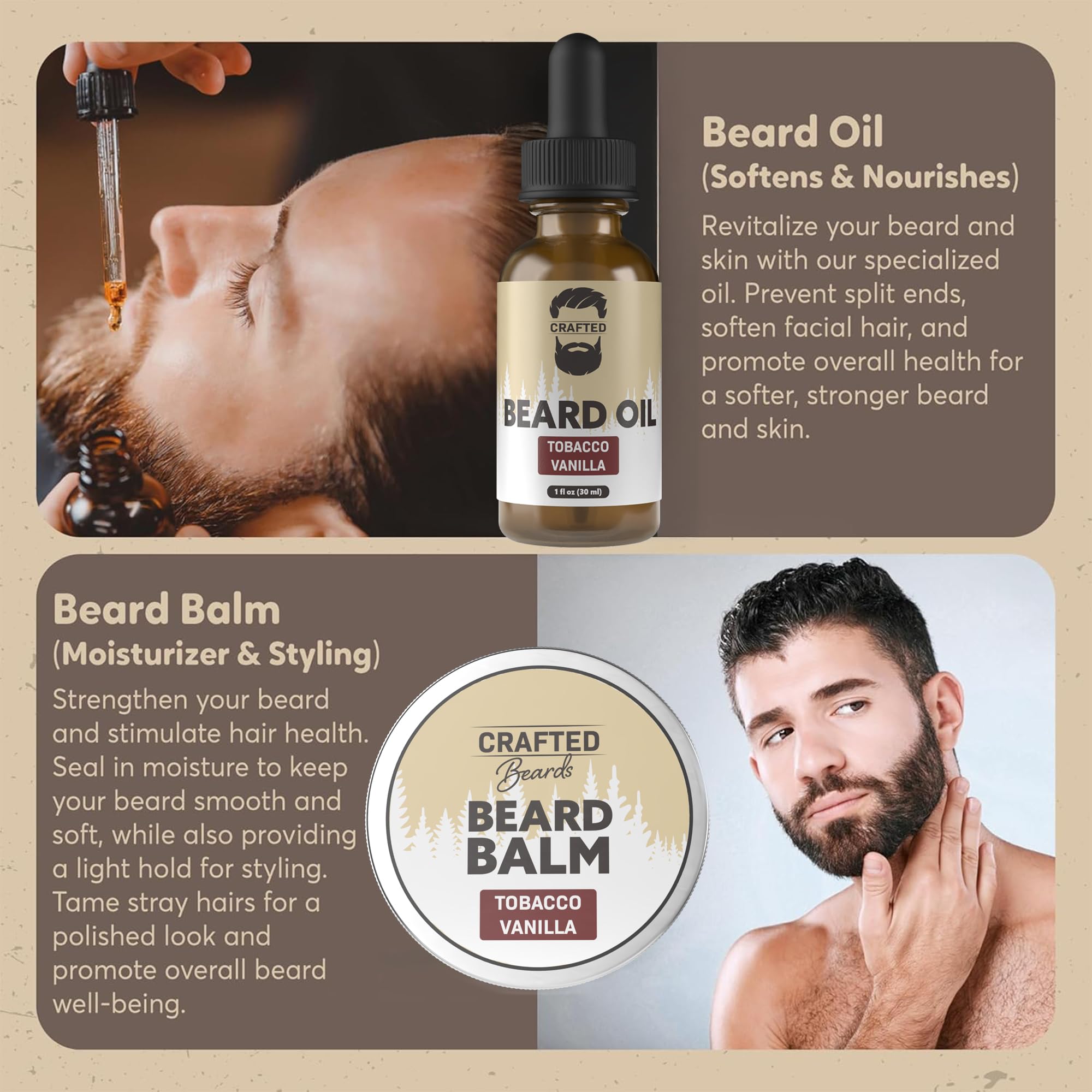 Deluxe Beard Oil and Beard Balm - For a Softer, Smoother, Moisturized Beard - Made with All-Natural and Organic Ingredients - Leave in Conditioner - Beard Care Kit for Men - Tobacco Vanilla Scent