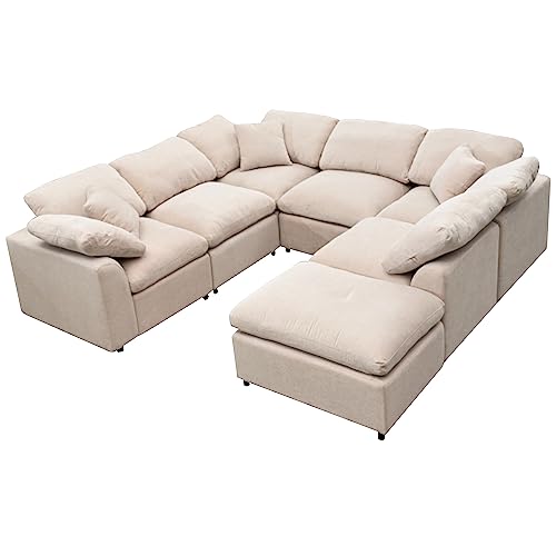 U Shaped Modular Sectional Sofa with Ottoman, 27.9'' Deep Seat Reversible Corner Couch with Detachable Cushion,Convertible Sofa&Couch Bed for Living Room, Office, Spacious Space