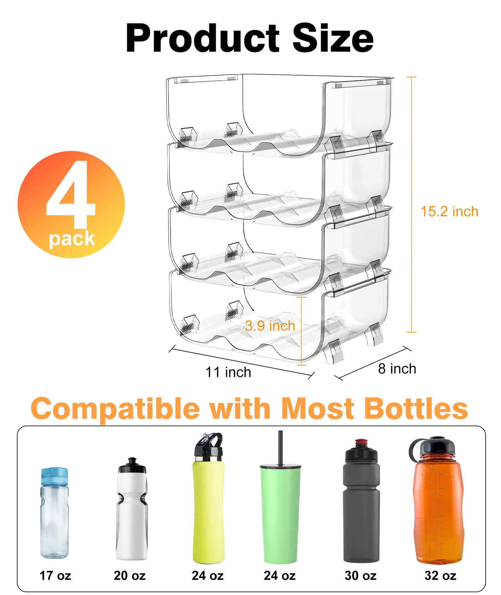Hyperzoo Water Bottle Organizer, Water Bottle Holder, Plastic Stackable Water Bottle Storage Rack for Kitchen Cabinets/Countertop/Refrigerator/Pantry Storage/Home Organization and Storage, Clear-4pack