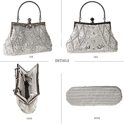 DA BODAN Women's Evening Bag Vintage Beaded Sequin Pearl Clutch Handbag Shoulder Bag Purses for Wedding Bridal Prom Party (Silver)