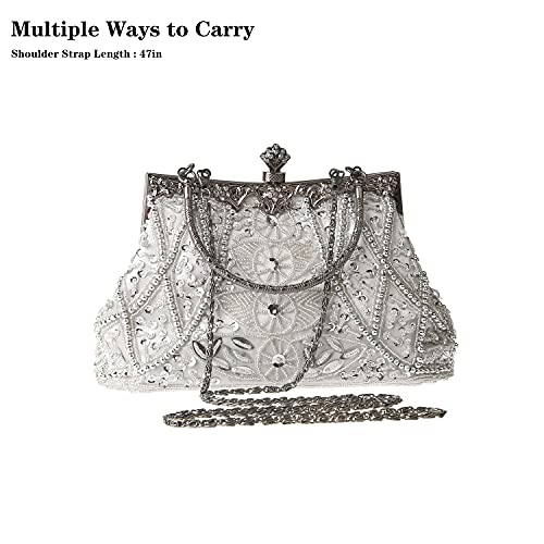 DA BODAN Women's Evening Bag Vintage Beaded Sequin Pearl Clutch Handbag Shoulder Bag Purses for Wedding Bridal Prom Party (Silver)
