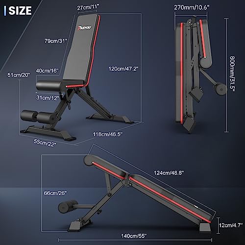PASYOU Adjustable Weight Bench Press (9x4x3 Positions), Foldable Workout Bench, 700 Pounds Load Flat Incline Decline Strength Training Benches, Sit Up Exercise Equipment