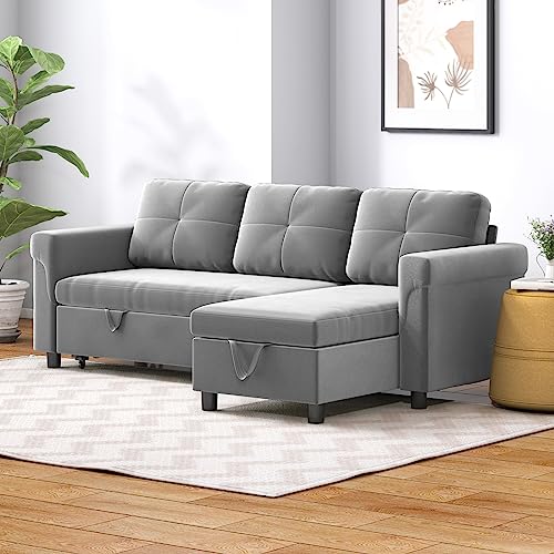 Mjkone 3 Seat L-Shape Sectional Sofa Couch with Pull Out Bed and Reversible Storage Chaise, Modern 84 Inch Sleeper Sofa with Breathable Velvet Fabric for Living Room, Light Gray