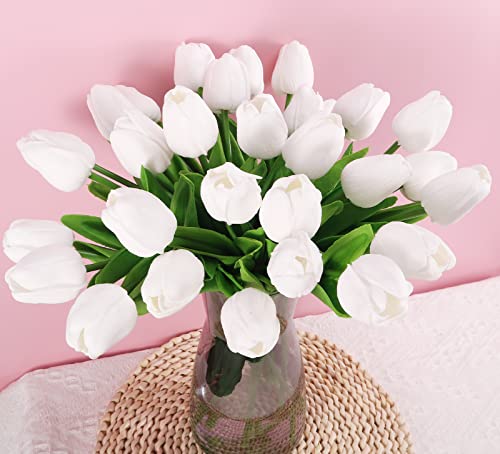 30pcs Real Touch Tulips PU Artificial Flowers, Fake Tulips Flowers for Arrangement Wedding Party Easter Spring Home Dining Room Office Decoration. (White, 14" Tall)