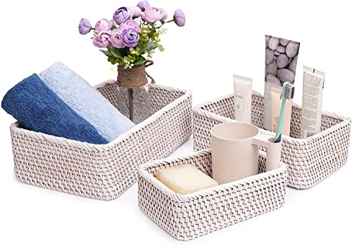 Wicker Storage Basket for Shelves Dvd Storage Box Organizer Set 3 Living Room Accessories and Decor Small Pantry Organization Rattan Storage Baskets Closet Bins (Combo Set 3, White Wash)