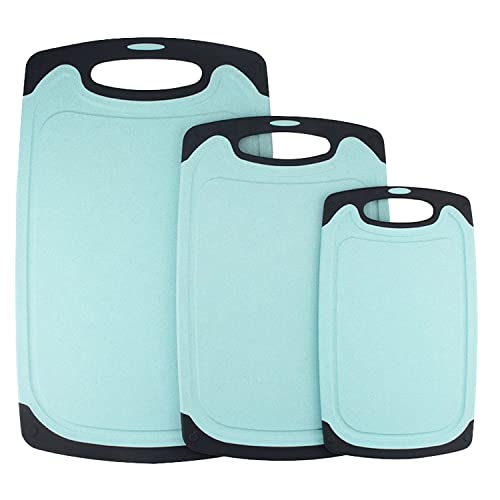 Klex EcoWheat Cutting Board for Kitchen (Set of 3), BPA Free Food Safe Wheat straw PP material, 3 Piece Chopping Boards Set, Dishwasher Safe, Juice Groove Non-Slip Design with Easy Grip Handle, Blue