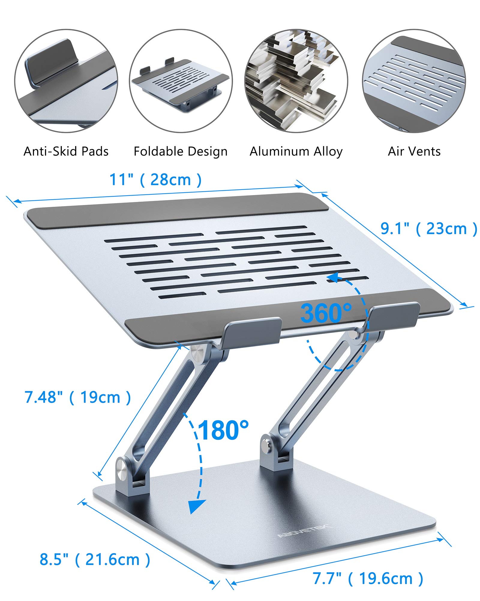 AboveTEK Laptop Stand, Adjustable Laptop Riser, Aluminum Computer Stand for Laptop up to 17.3 Inches, Portable Laptop Holder Compatible with MacBook Pro, HP, Ergonomic Desktop for Office, Home, Grey