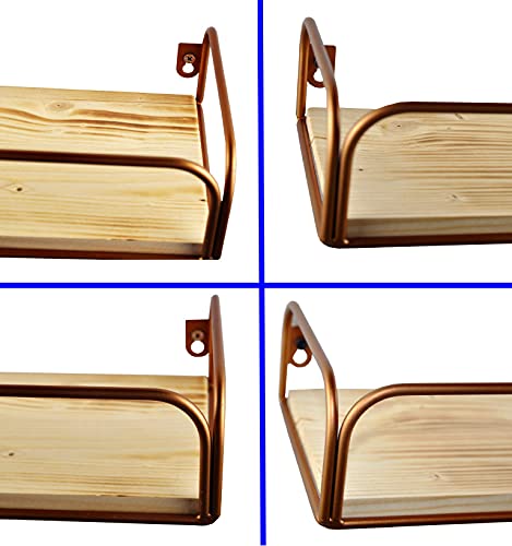 DUCIHBA Set of 2 (Large & Small) Wall Mount Floating Shelves Storage Organize Decorate Display for Nursery Living Kitchen Bedroom Bathroom, Torched Wood with Metal Railing_ Natural Beige & Golden