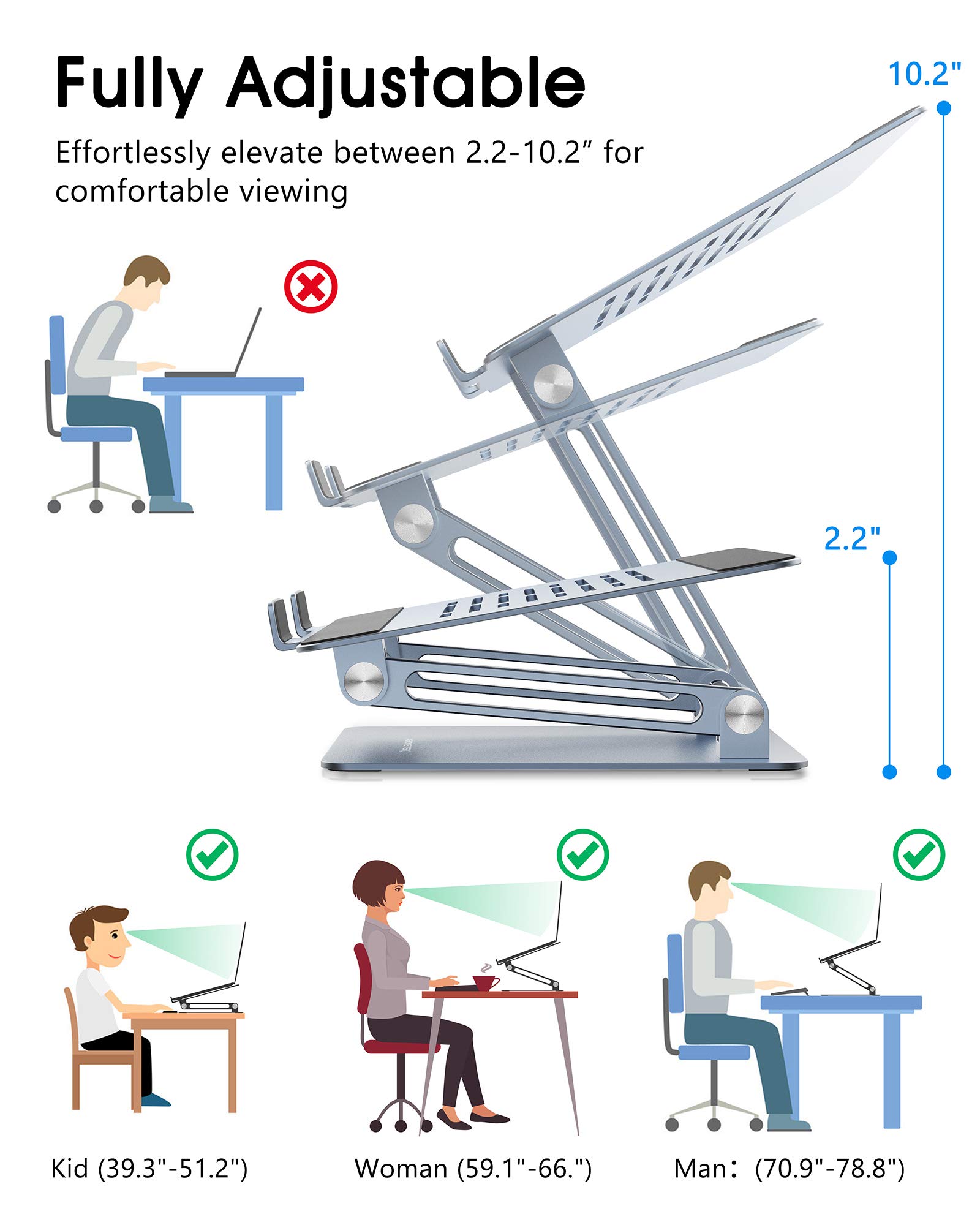 AboveTEK Laptop Stand, Adjustable Laptop Riser, Aluminum Computer Stand for Laptop up to 17.3 Inches, Portable Laptop Holder Compatible with MacBook Pro, HP, Ergonomic Desktop for Office, Home, Grey