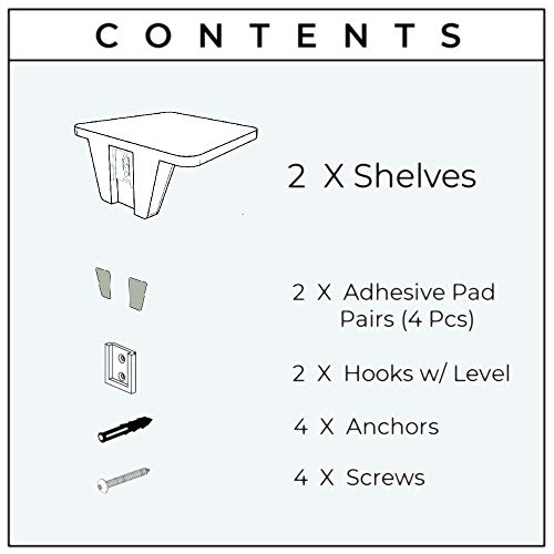 Fytz Design White Small Floating Shelf Set of 2 - Small Shelf for Wall with No Drill Shelf Option [ Adhesive Shelf ]