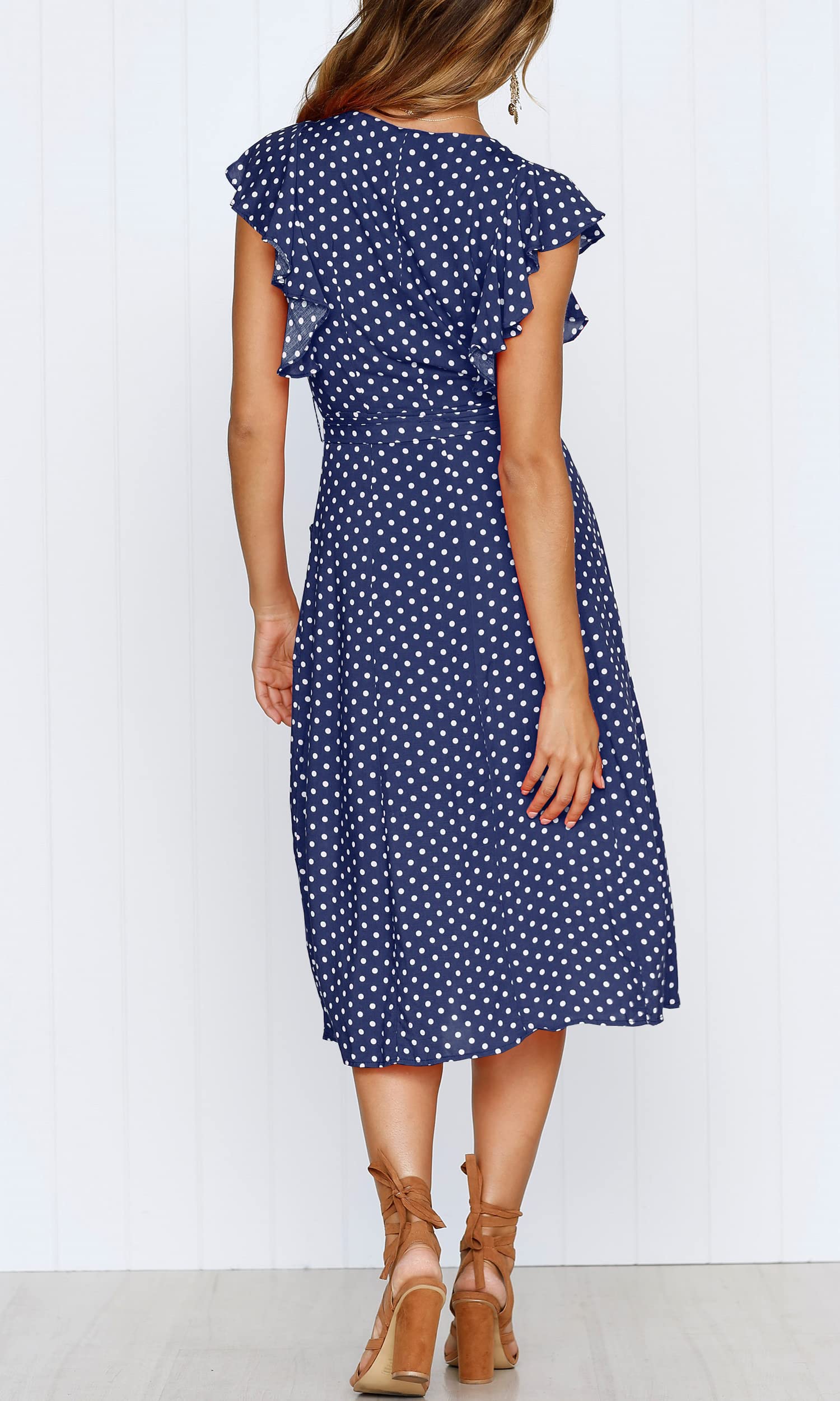 MITILLY Women's Boho Polka Dot Flutter Short Sleeve V Neck Button Down Swing Midi Dress with Pockets Small Dark Blue