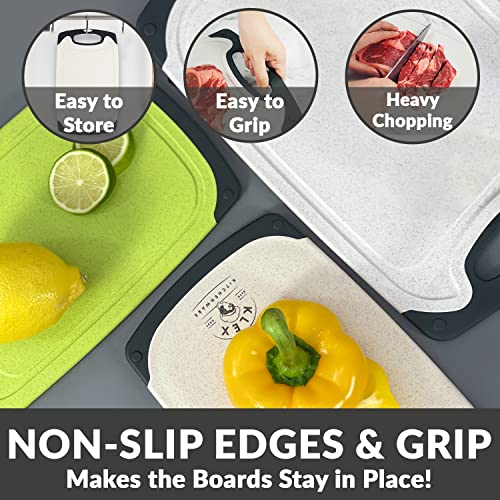 Klex EcoWheat Cutting Board for Kitchen (Set of 3), BPA Free Food Safe Wheat straw PP material, 3 Piece Chopping Boards Set, Dishwasher Safe, Juice Groove Non-Slip Design with Easy Grip Handle, Blue
