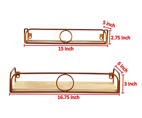 DUCIHBA Set of 2 (Large & Small) Wall Mount Floating Shelves Storage Organize Decorate Display for Nursery Living Kitchen Bedroom Bathroom, Torched Wood with Metal Railing_ Natural Beige & Golden