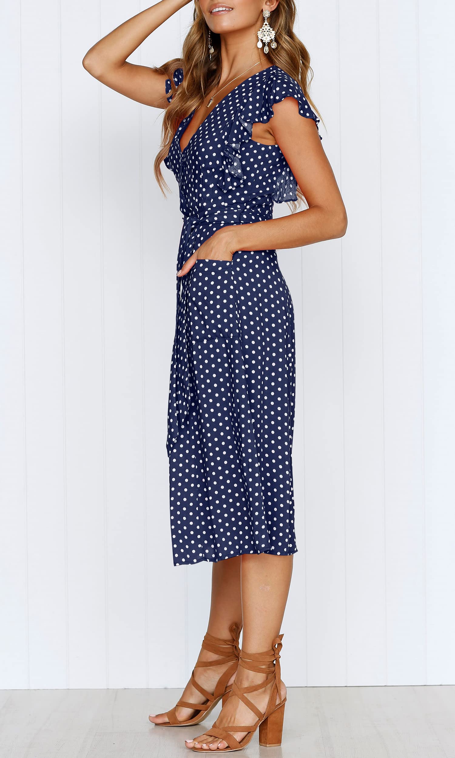 MITILLY Women's Boho Polka Dot Flutter Short Sleeve V Neck Button Down Swing Midi Dress with Pockets Small Dark Blue