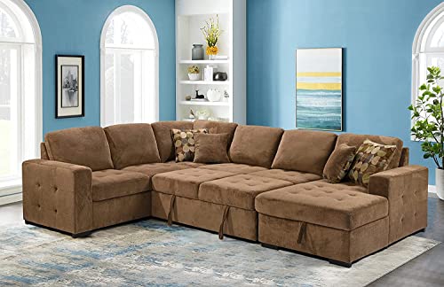123" U-Shaped Oversized Modular Sectional Sofa with Pull Out Sleeper Bed,Storage Chaise Lounge and 4 Throw Pillows,Convertible Polyester Upholstered Sectionals Sofá&Couch for Large Space,King Size
