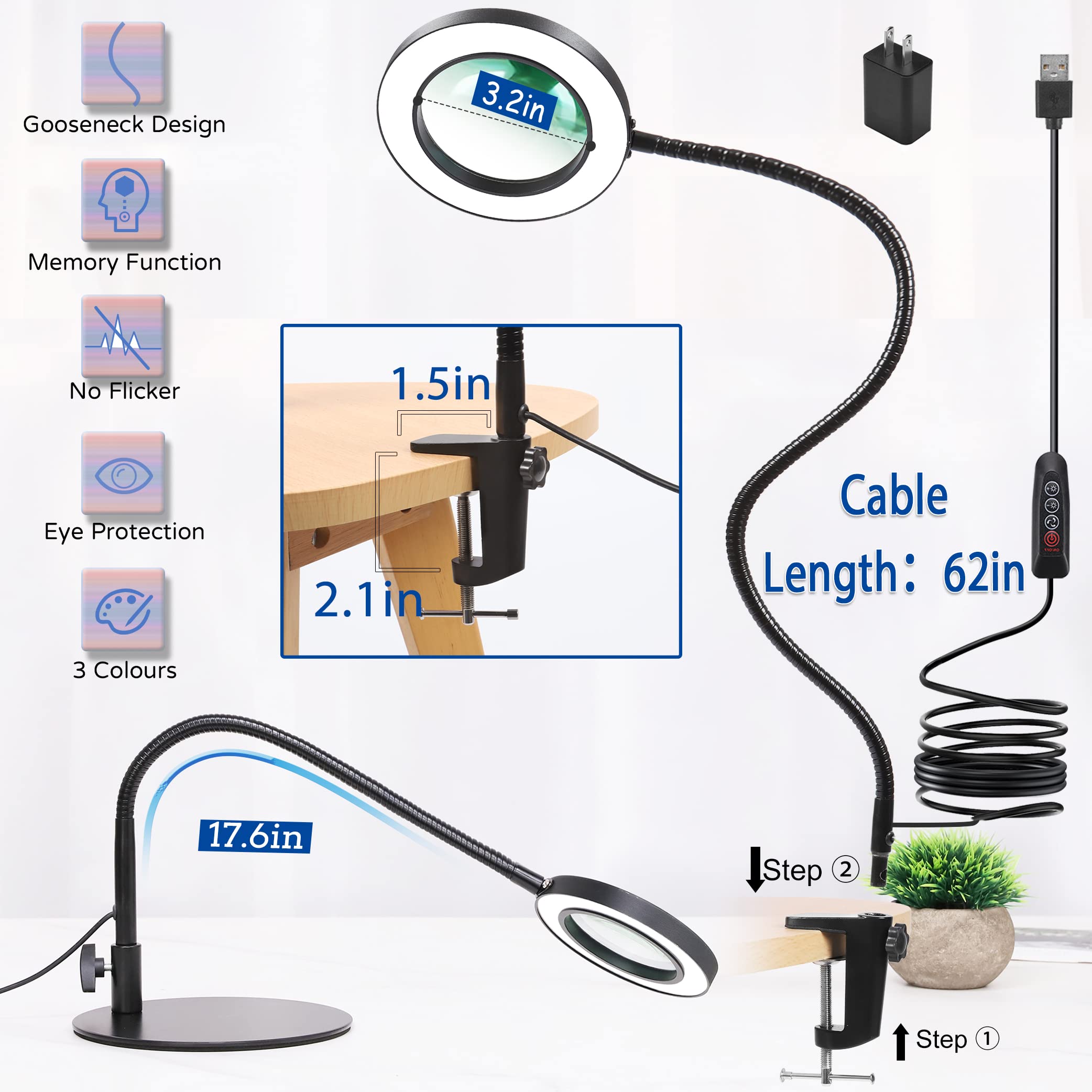 8X Magnifying Glass with Light and Stand, 2-in-1 Real Glass Lens Desk Lamp, 3 Color Modes Stepless Dimmable Magnifying Lamp & Clamp, Adjustable LED Lighted Magnifier for Reading, Crafts, Cross Stitch