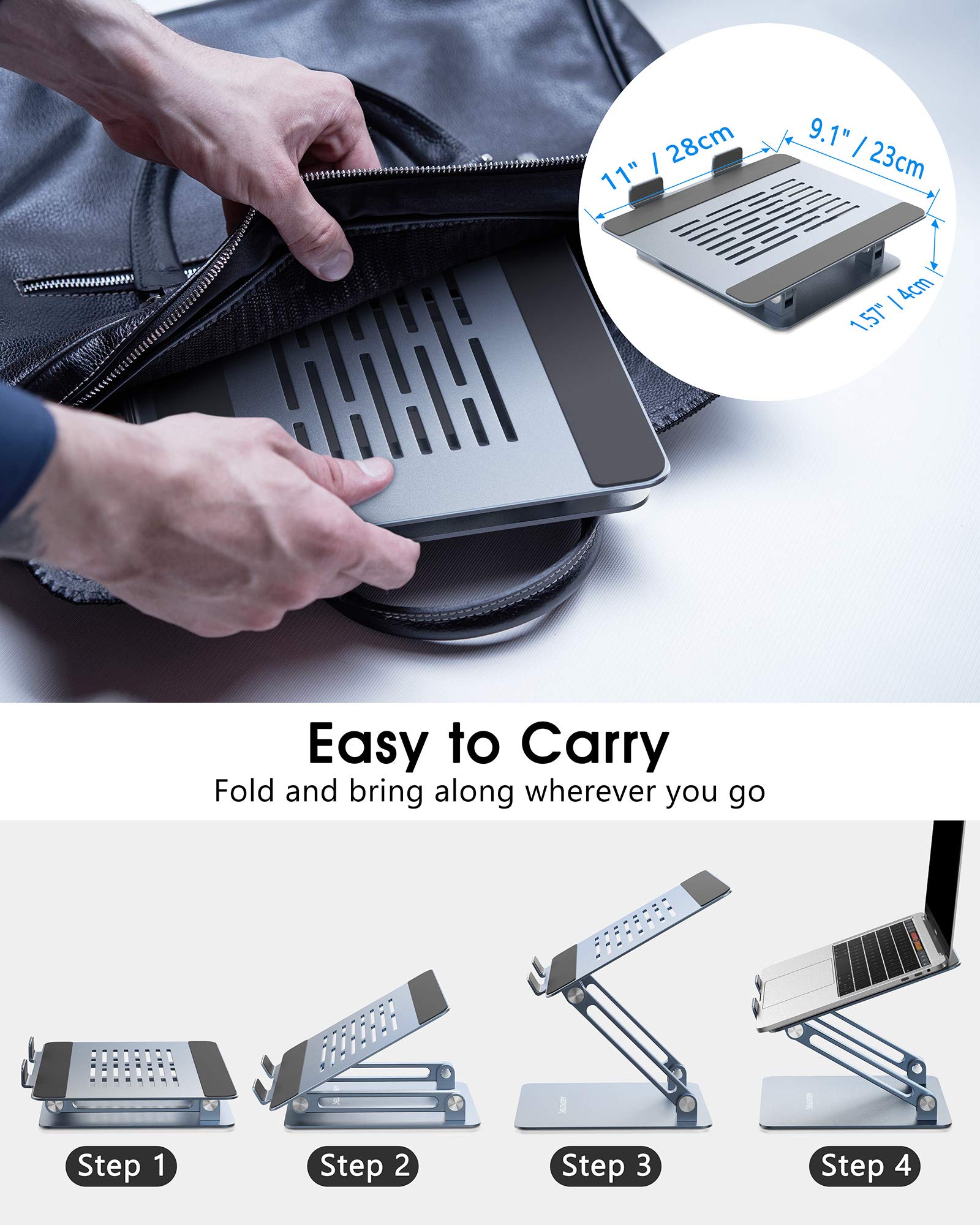 AboveTEK Laptop Stand, Adjustable Laptop Riser, Aluminum Computer Stand for Laptop up to 17.3 Inches, Portable Laptop Holder Compatible with MacBook Pro, HP, Ergonomic Desktop for Office, Home, Grey