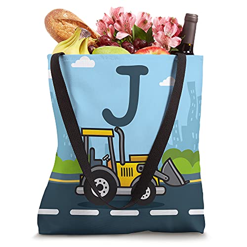 Kids Monogram Construction Loader Letter J Tote Bag