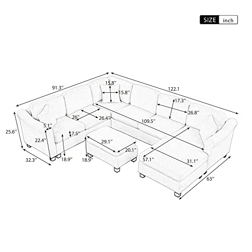 Oversized Modular Sofa Reversible Sectional Couch U Shaped Sofá with Movable Ottoman and Right Side Chaise Lounge,Velvet Upholstery 8 Seat Couches for Living Room Apartment Office Spacious Space