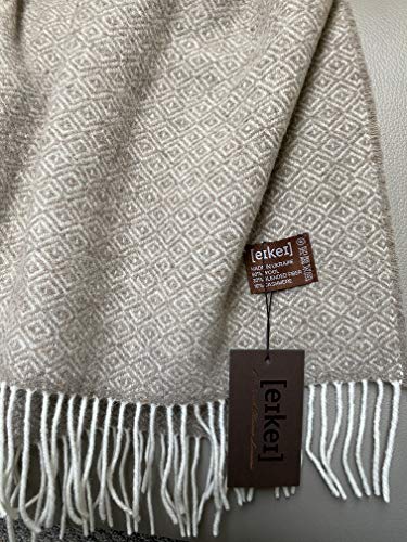 Eikei Wool Throw Blanket Geo Diamond Pattern Oversized Couch Throw Blanket Fringe Trim Soft Merino Woolen Afghan Minimalist Style Lightweight Machine Washable (Mocha, 55Wx78L)