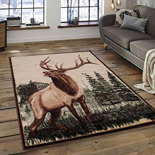 Champion Rugs Rustic Lodge Cabin Decor Elk Deer Fern Pine Trees Area Rug (3 Feet 10 Inch X 5 Feet 2 Inch)