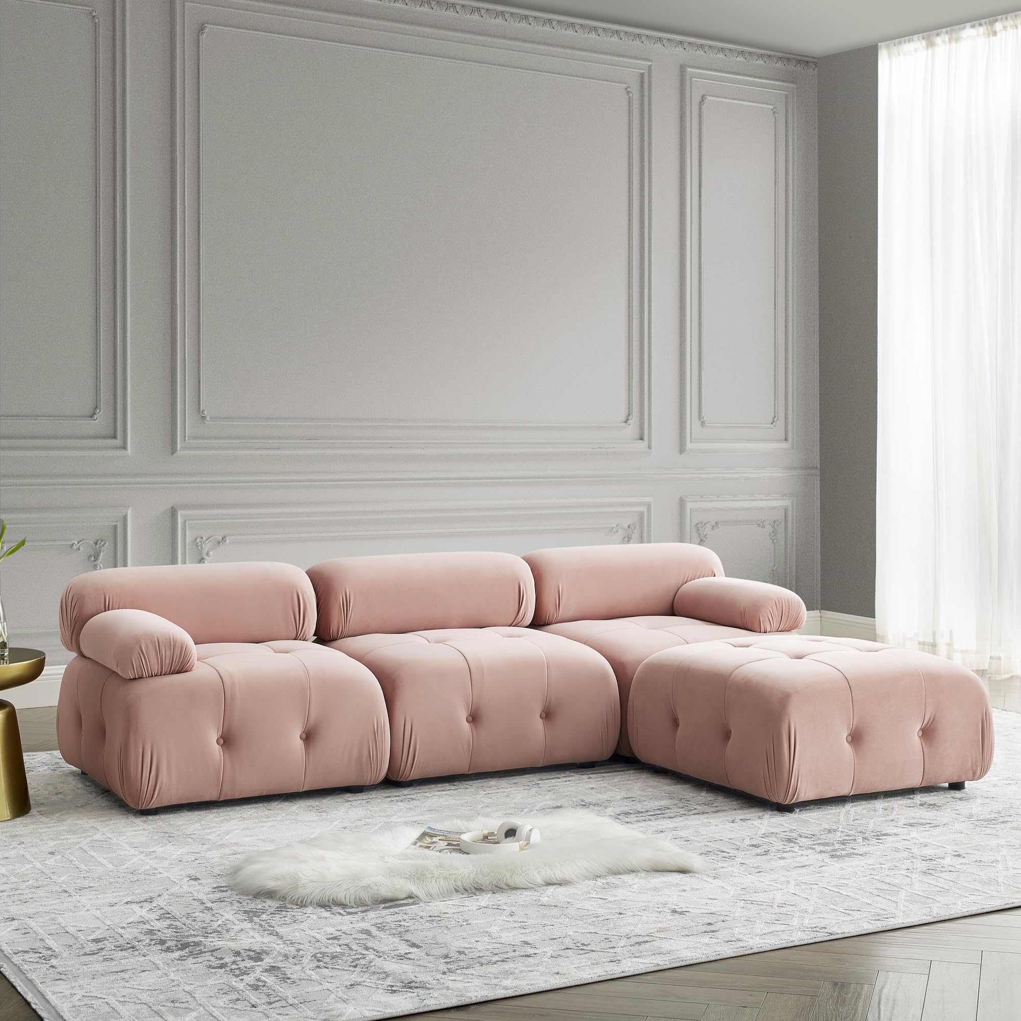 NordStorm 93" Modular Sectional Sofa, Upholstery Teddy Velvet Fabric Couch for Living Room Apartment, Convertible L Shaped Couch with Reversible Ottoman, Button Tufted Designed Free Combination
