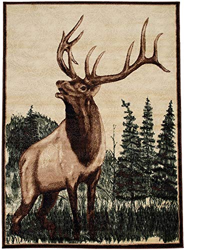 Champion Rugs Rustic Lodge Cabin Decor Elk Deer Fern Pine Trees Area Rug (3 Feet 10 Inch X 5 Feet 2 Inch)