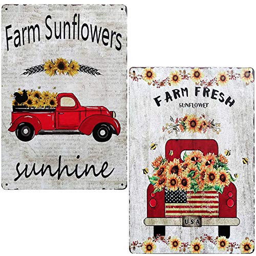 TISOSO Farm Fresh Sunflower with Red Truck Vintage Tin Bar Sign Farmhouse Kitchen Wall Country Home Decor for Living Room Bedroom Decoration 2Pcs-8X12Inch