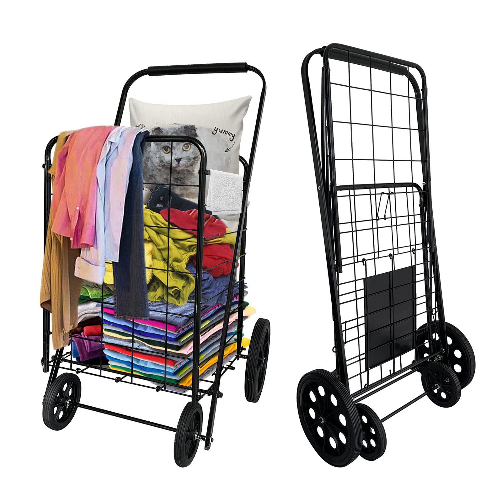 Metal Folding Grocery cart (Iron), Large Capacity Produce cart, Upgraded Rubber Big Iron Wheel, Stable wear-Resisting, Convenient and Lightweight, Bearing 50KG(Black)…