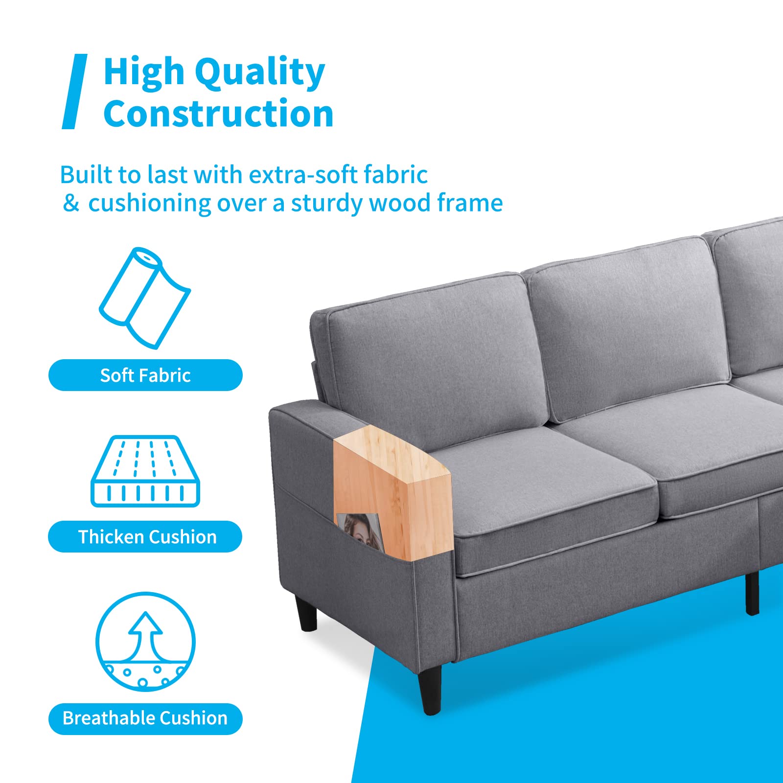 Mjkone 78β Sectional Sofa Couch for Living Room | Convertible Linen Sofa Chaise with Reversible Storage Ottoman | Modern Modular Sofa with 2 Side Pockets | Small Sofa for Small Places (Light Grey)