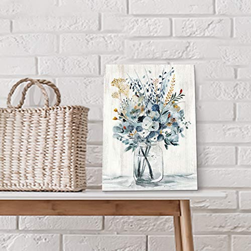 Abstract Flower Print Wall Art: Botanical Flower Bouquet in Crystal Vase Picture Picture on Wrapped Canvas for Dining Room (12" x 16" x 1 Panel)