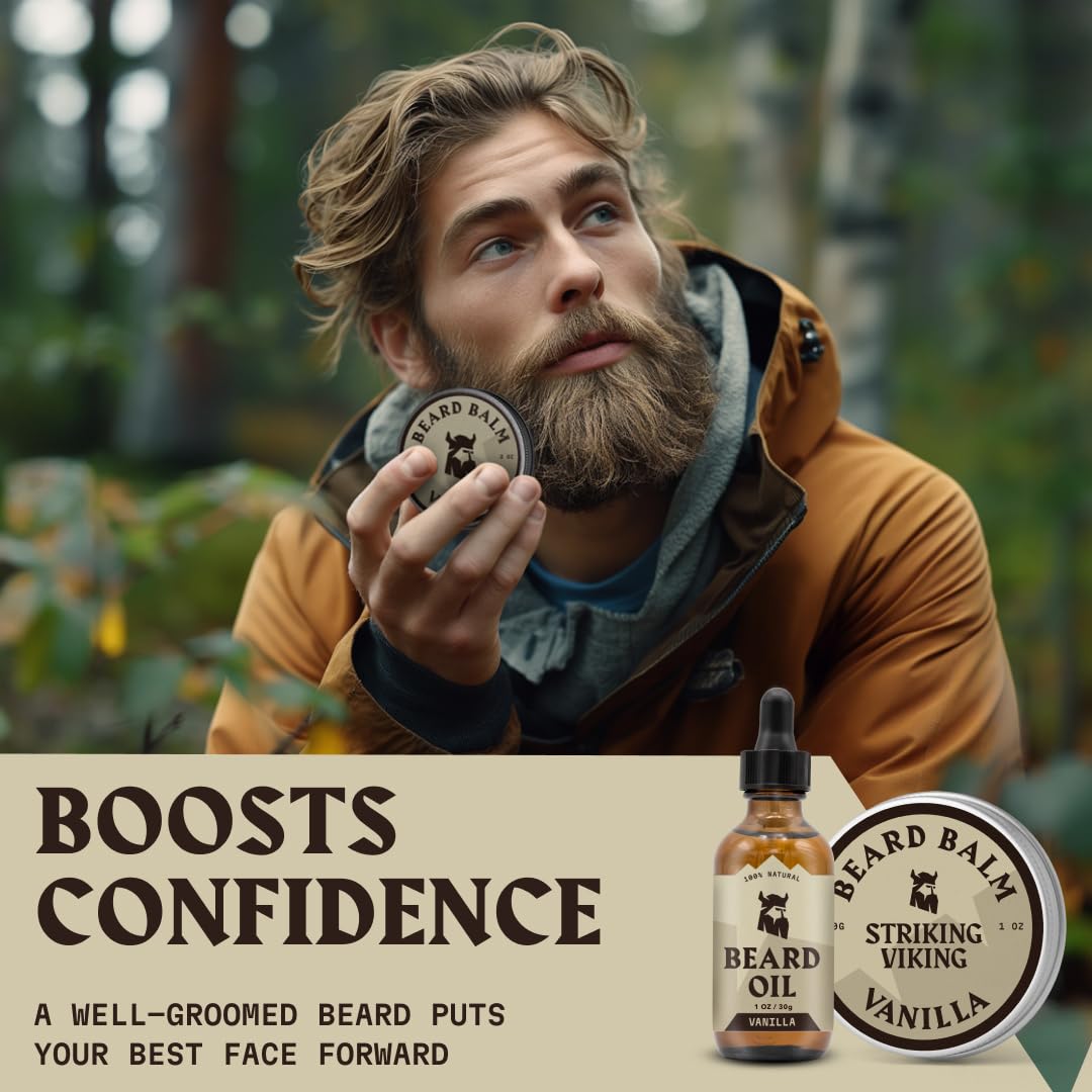 Striking Viking Beard Oil and Balm - Leave in Beard Conditioner - Tames, Styles, Softens, and Moisturizes Beards and Mustache - Made with All Natural and Organic Argan and Jojobo Oils, Vanilla