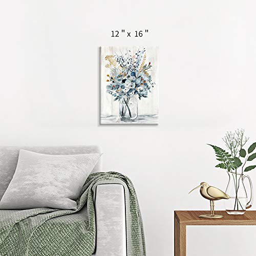 Abstract Flower Print Wall Art: Botanical Flower Bouquet in Crystal Vase Picture Picture on Wrapped Canvas for Dining Room (12" x 16" x 1 Panel)