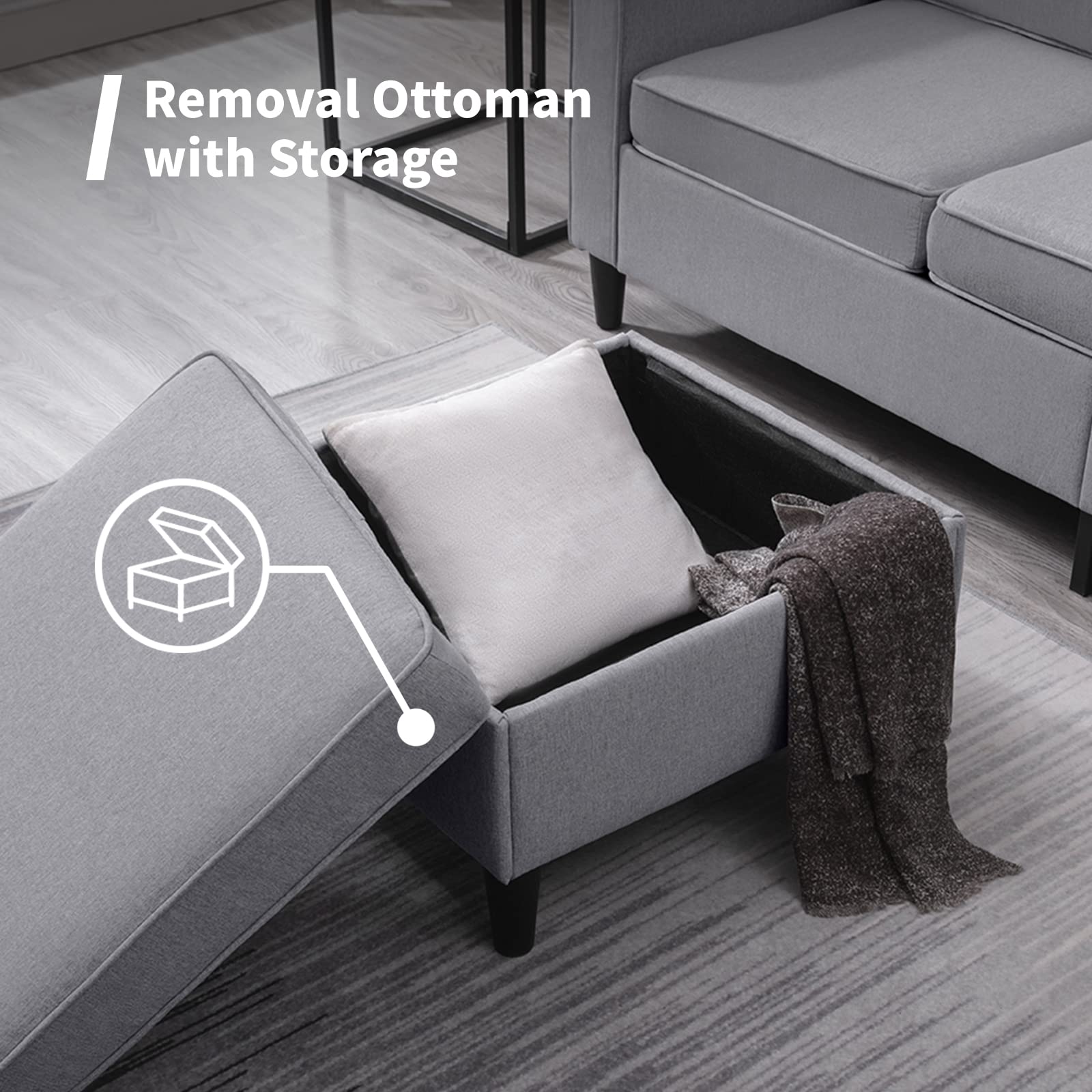 Mjkone 78β Sectional Sofa Couch for Living Room | Convertible Linen Sofa Chaise with Reversible Storage Ottoman | Modern Modular Sofa with 2 Side Pockets | Small Sofa for Small Places (Light Grey)