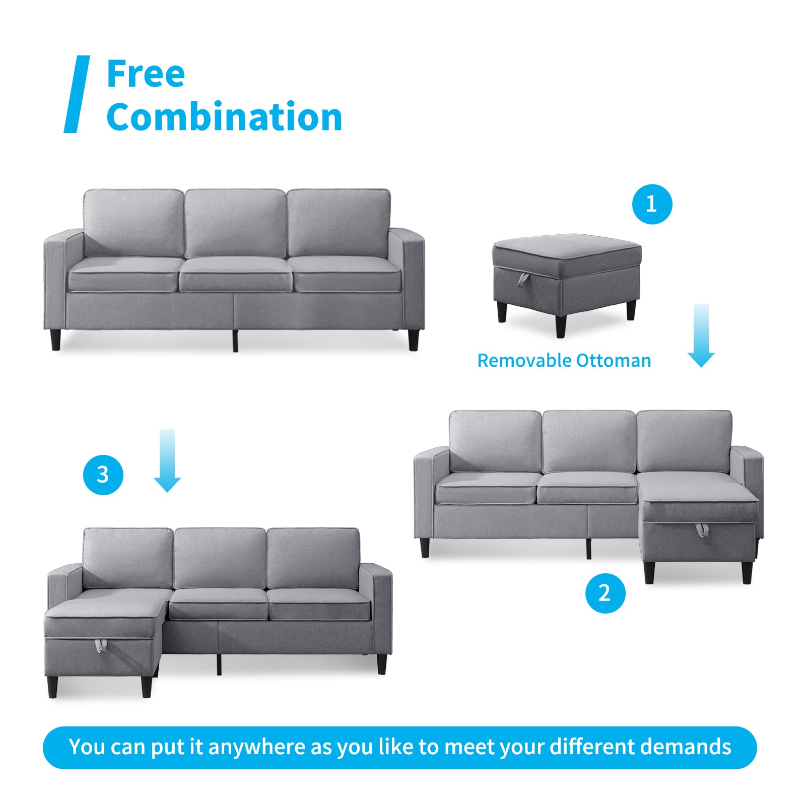Mjkone 78β Sectional Sofa Couch for Living Room | Convertible Linen Sofa Chaise with Reversible Storage Ottoman | Modern Modular Sofa with 2 Side Pockets | Small Sofa for Small Places (Light Grey)
