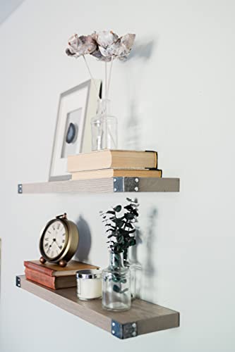 Willow & Grace Designs Modern Rustic Wooden Easily Mounted Floating Wall Shelves for Home Living Rooms and Bedrooms, Rustic Gray, 24 Inch, (Set of 2)