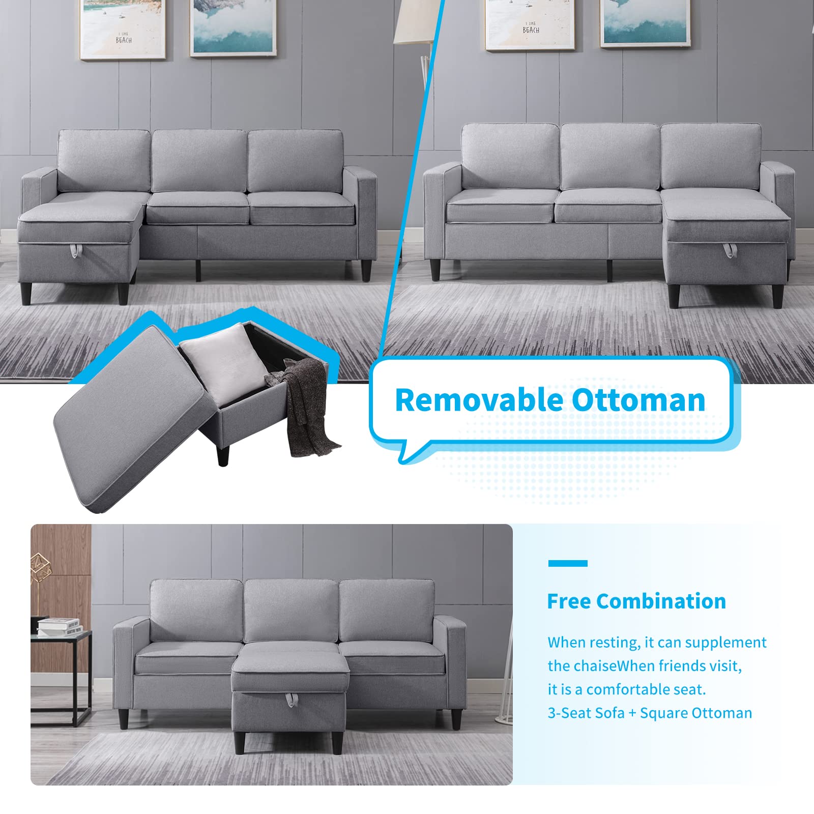 Mjkone 78β Sectional Sofa Couch for Living Room | Convertible Linen Sofa Chaise with Reversible Storage Ottoman | Modern Modular Sofa with 2 Side Pockets | Small Sofa for Small Places (Light Grey)